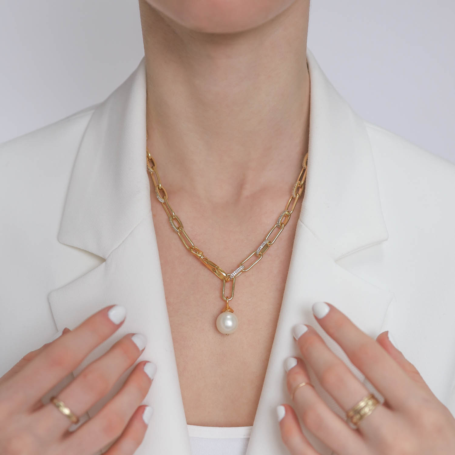 Pave Link Pearl Necklace by Catherine Canino - NEWTWIST